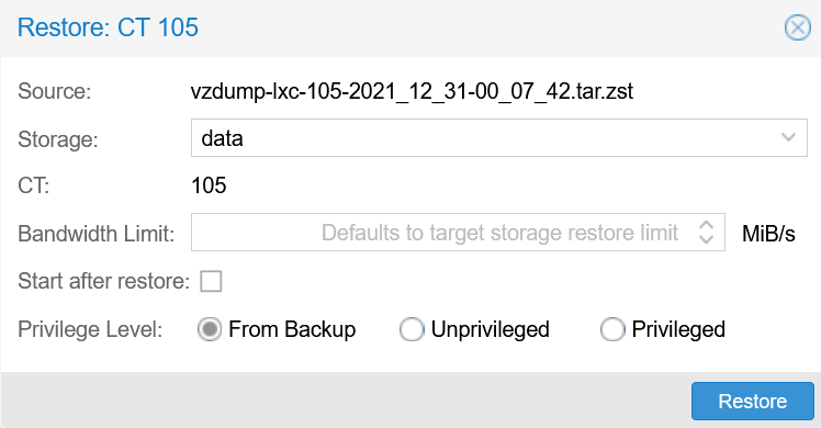 LXC-Backup einspielen